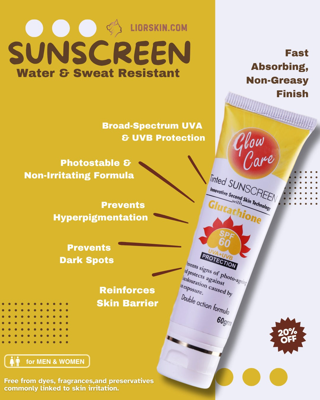 GLOWCARE sunscreen (Avobenzone 3%, Octyl Methoxycinnamate 7.5%, zinc o – Liorskin